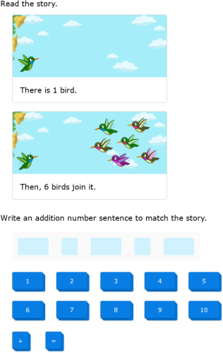 IXL - Addition sentences for word problems with pictures - sums up to 10 (Year 2 maths practice)