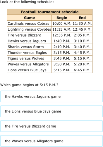 IXL - Reading schedules - 12-hour time (Year 4 maths practice)