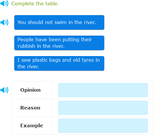 IXL - Complete the opinion-reason-example table (Year 3 English practice)