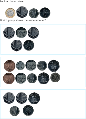IXL - Equivalent amounts of money - up to £5 (Year 3 maths practice)