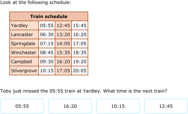 IXL - Transportation schedules - 24-hour time (Year 5 maths practice)
