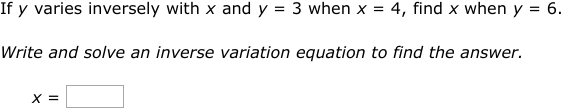 IXL - Write and solve inverse variation equations (Year 10 maths practice)