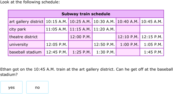 IXL - Transportation schedules - 12-hour time (Year 5 maths practice)